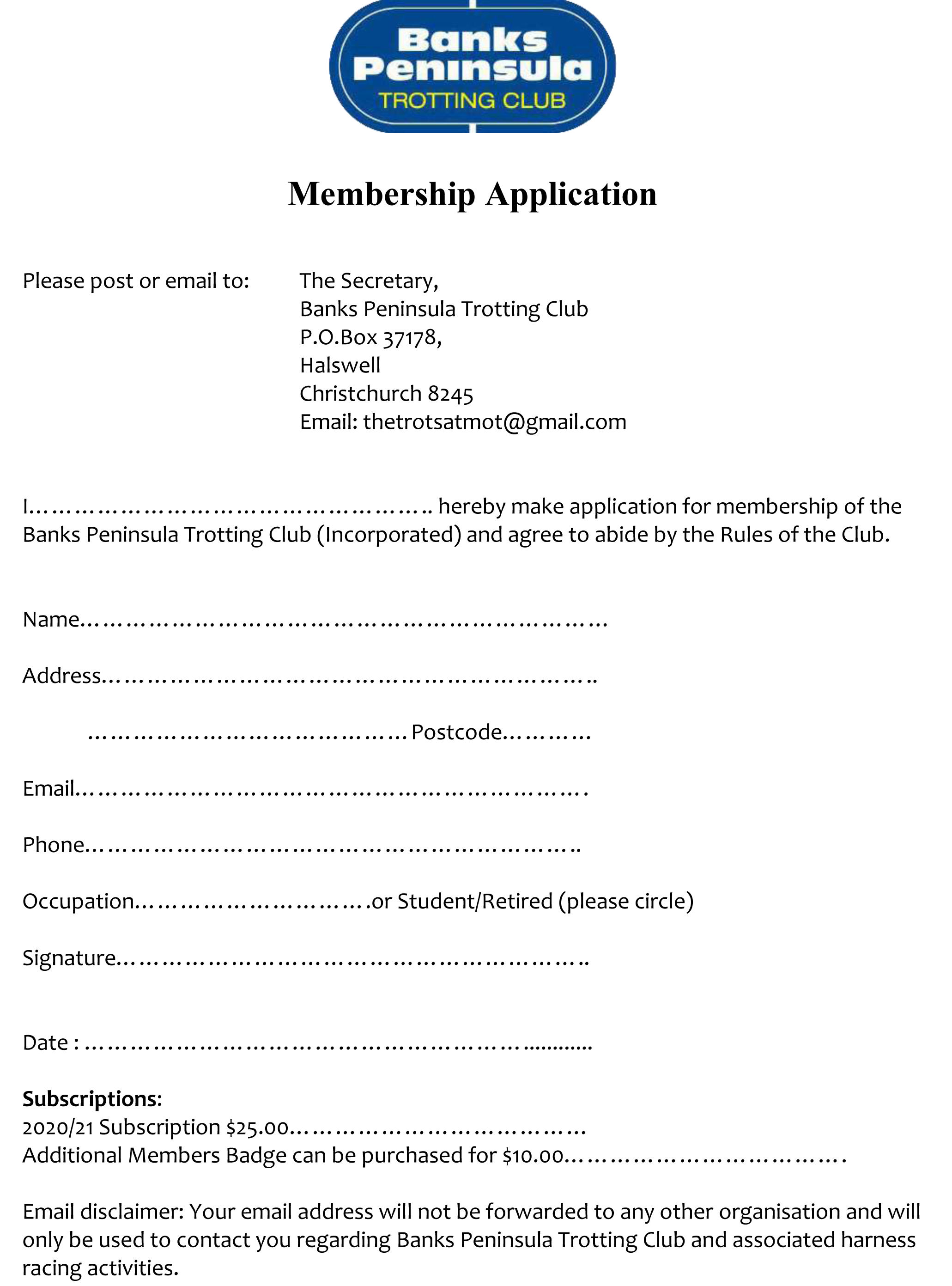 Club Membership - Banks Peninsula Trotting Club