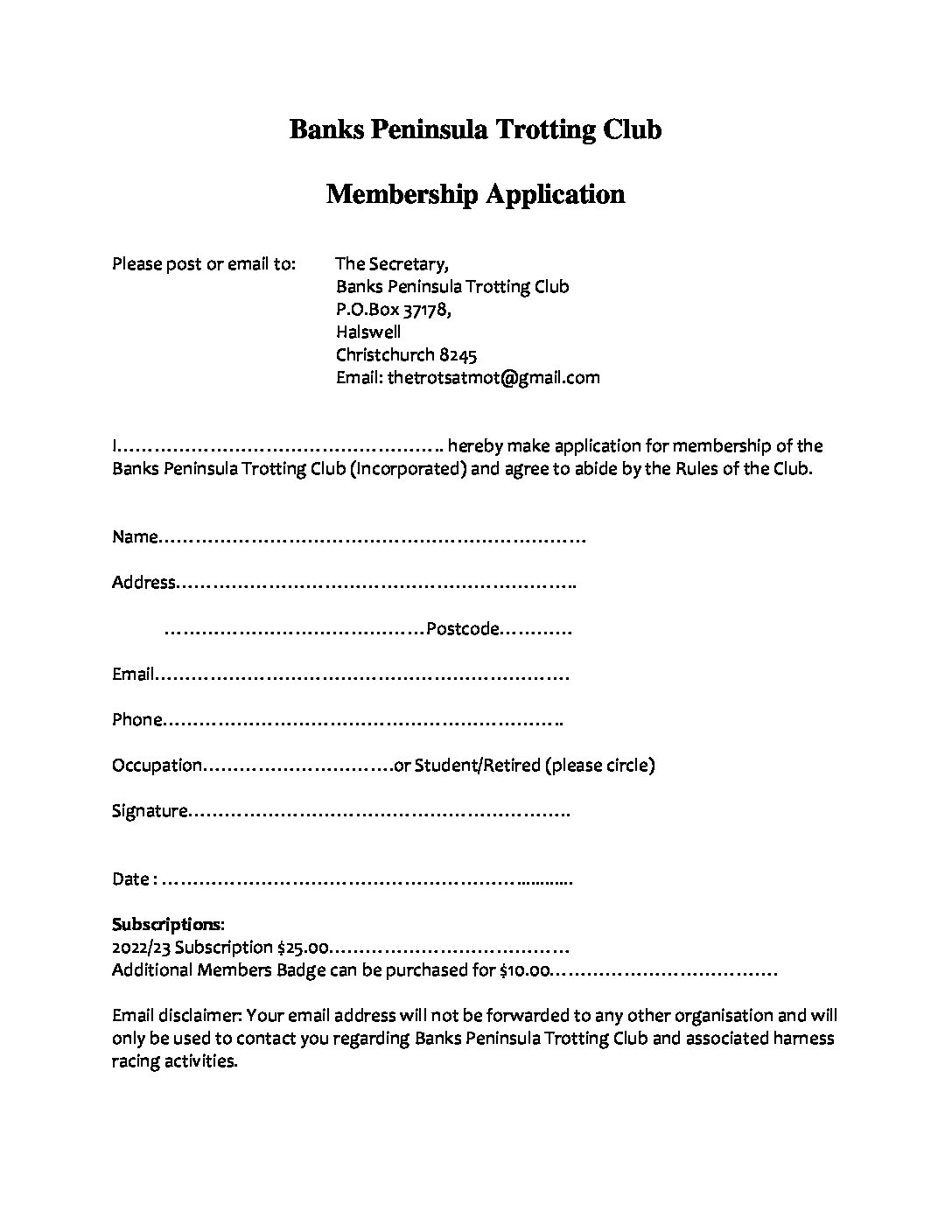 Banks Peninsula Trotting Club Club Membership